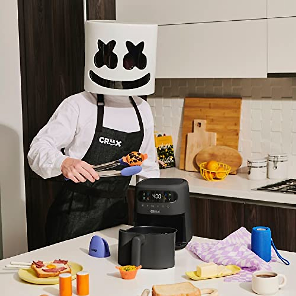 CRUX x Marshmello 3.0 QT Digital Air Fryer with TurboCrisp Technology, Touch Screen Temperature Control, Timer and Auto Shut-off, Fully Programmable, Silicone Cupcake Molds Included, Black