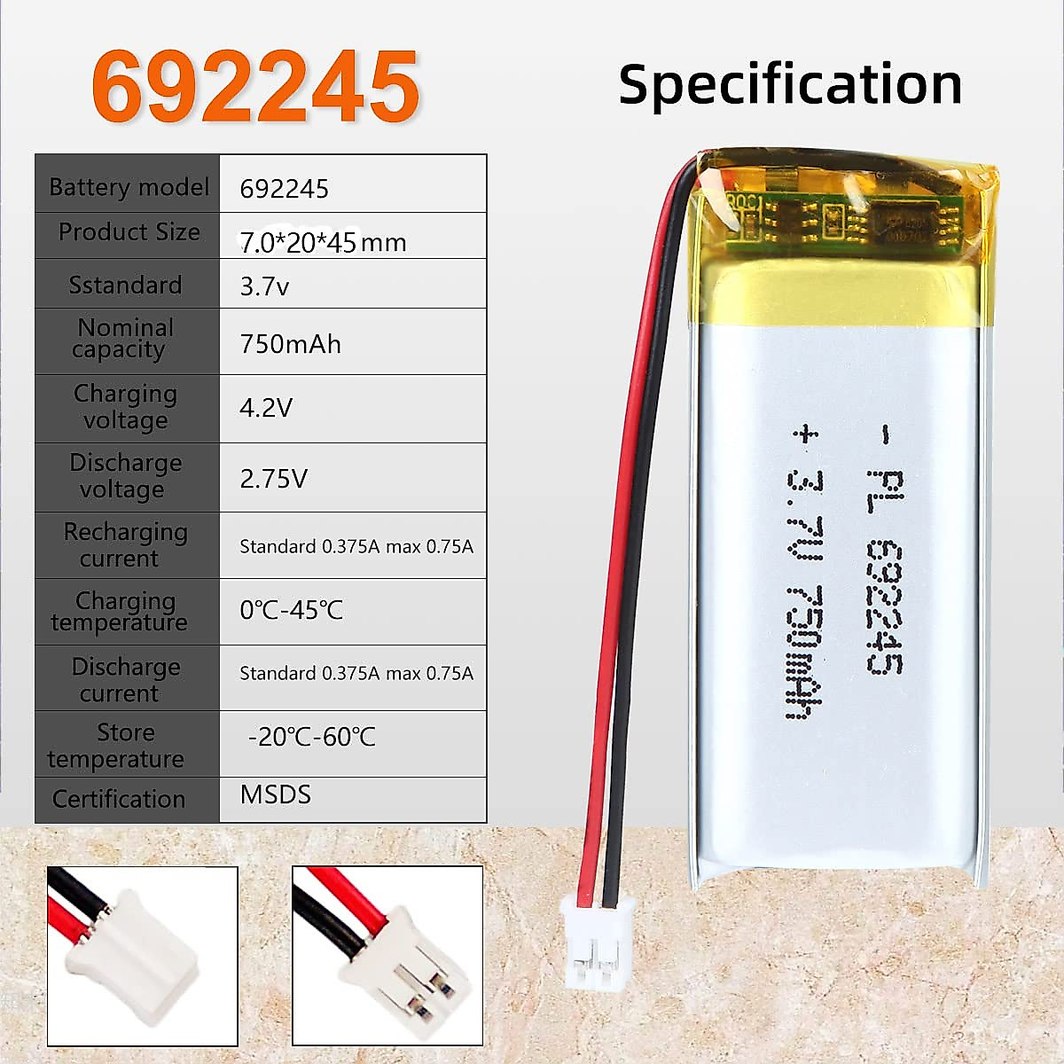 AKZYTUE 3.7V 750mAh 692245 Lipo battery Rechargeable Lithium Polymer ion Battery Pack with PH2.0mm JST Connector