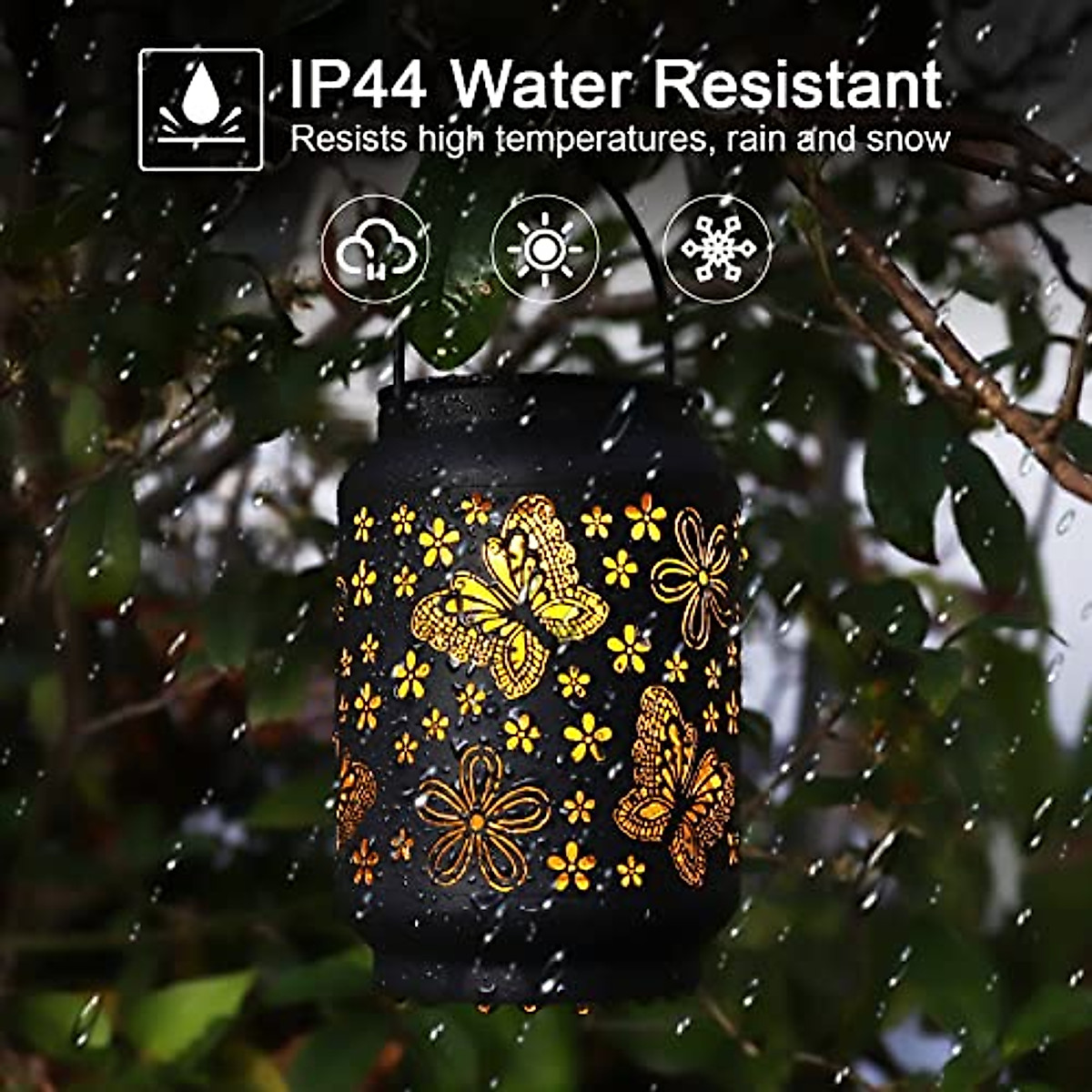 2 Pack Outdoor Solar Lanterns Butterfly Flower Design Hanging Solar Lantern Lights Waterproof Solar Powered Lanterns Decorative with Handle Solar Outdoor Lantern for Table, Patio, Courtyard, Garden