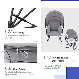 Patiorama Outdoor Indoor Rocking Egg Chair, Patio Rocker Chair with Retractable Canopy, All-Weather Outside Oversized Lounge Chair with Cushion for Garden Balcony Living Room, 350 lbs Capacity, Grey
