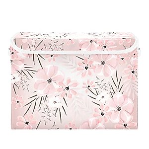 Kigai Storage Basket Pink Flowers Print Storage Boxes with Lids and Handle, Large Storage Cube Bin Collapsible for Shelves Closet Bedroom Living Room, 16.5x12.6x11.8 In