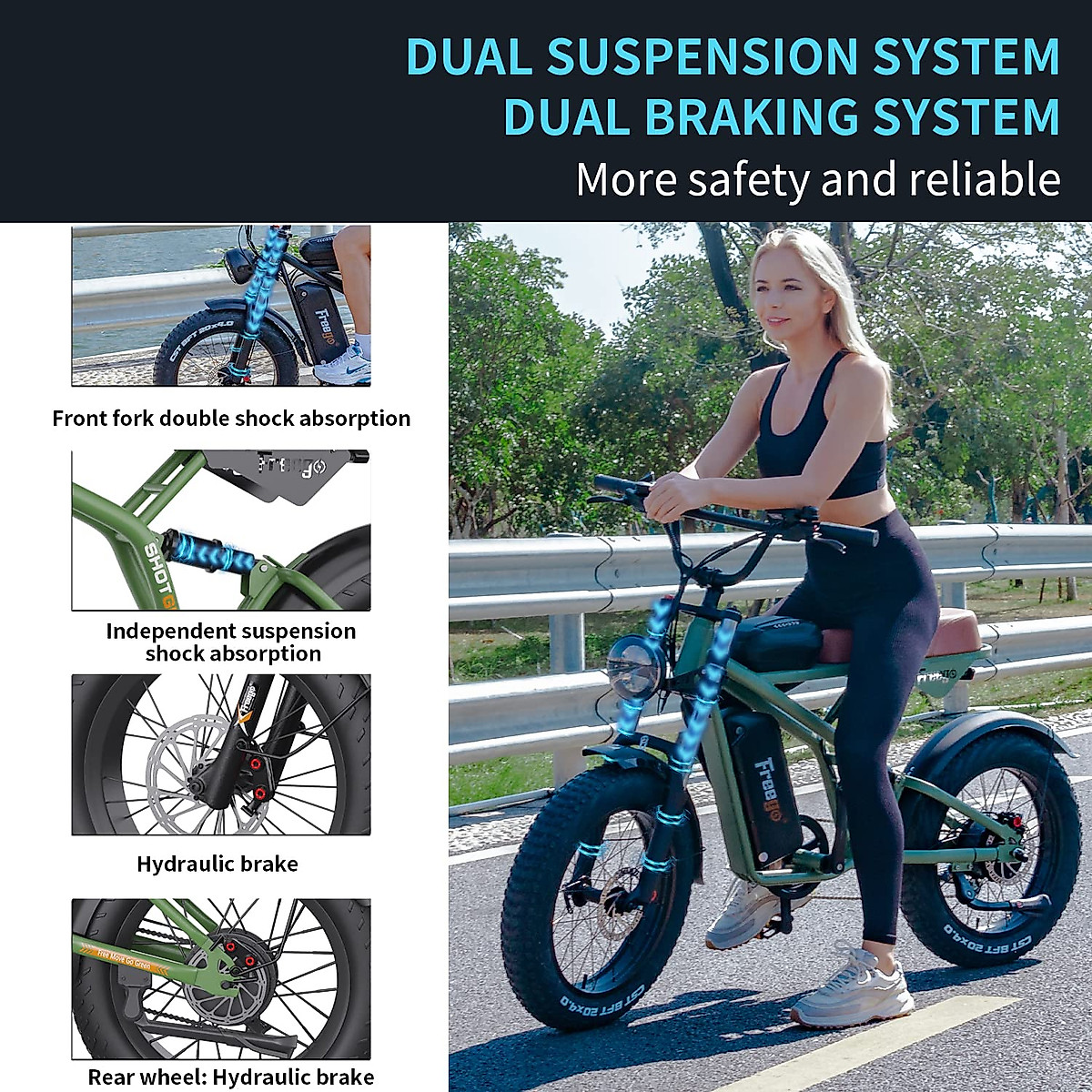 Freego Electric Motorcycle Dirt Bike for Adults, 1400W(Peak)/48V/22.5Ah, F2 Pro 20" x 4.0" Fat Tires Electric Bicycle, Top Speed 34MPH & 50Miles Ebike 7 Speed Dual Hydraulic Brake/Suspension