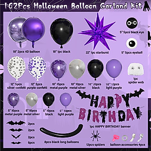 162Pcs Halloween Balloons Arch Garland Kit, Birthday Supplies Purple Black Silver 4D Balloon Spiders Web Bats Happy Birthday Banner for Gothic Halloween Birthday Party Decorations