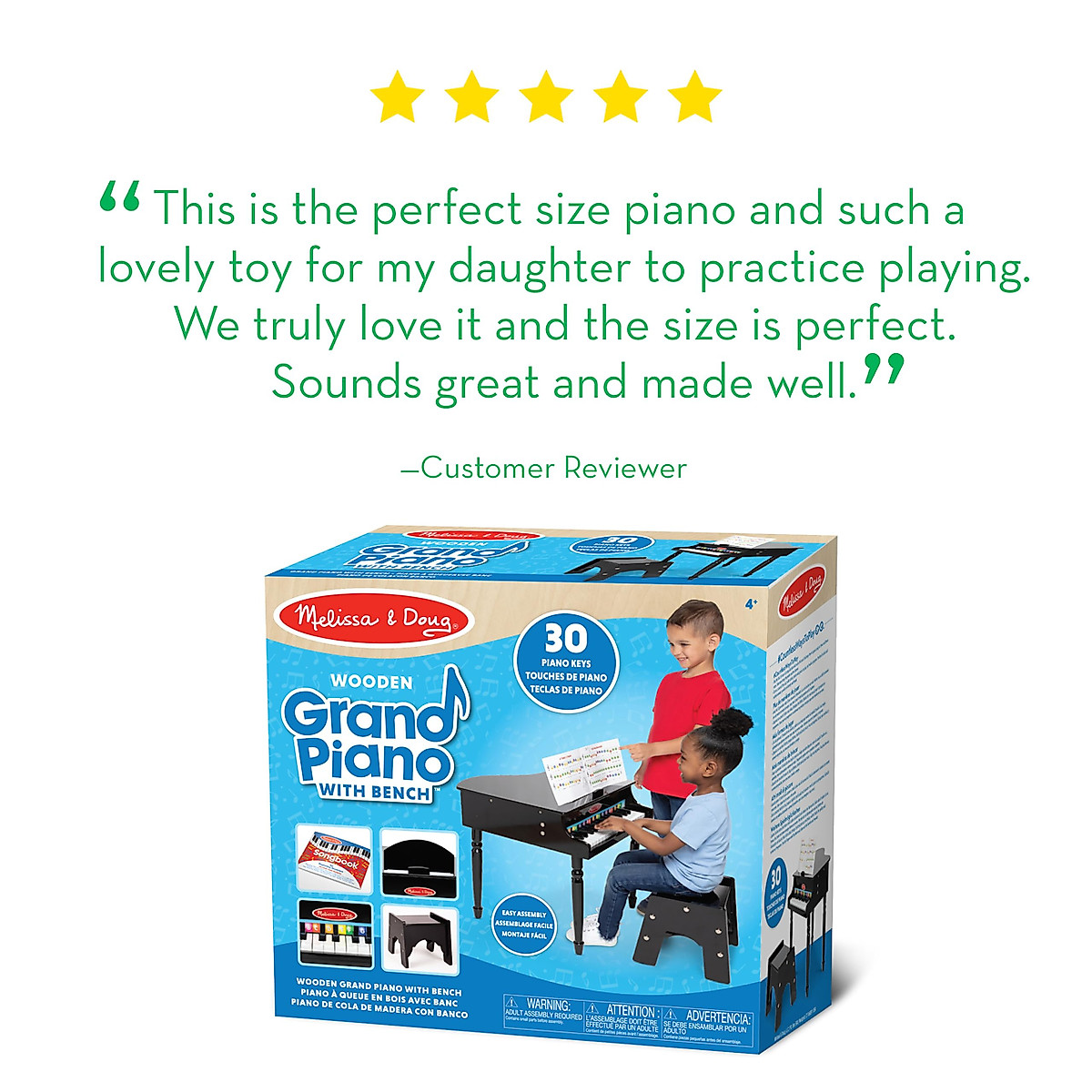 Melissa & Doug Learn-To-Play Classic Grand Piano With 30 Keys, Color-Coded Songbook, and Non-Tip Bench 23.5" x 22.2" x 10"