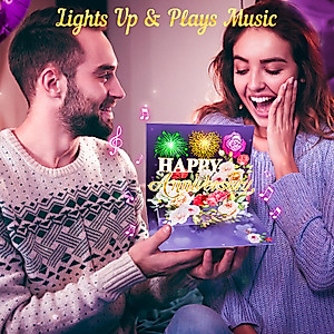 FITMITE Anniversary Card, Music & Light Pop up Valentine's Card with Fireworks Flowers Gifts for Him Her Husband Wife Couple-Purple