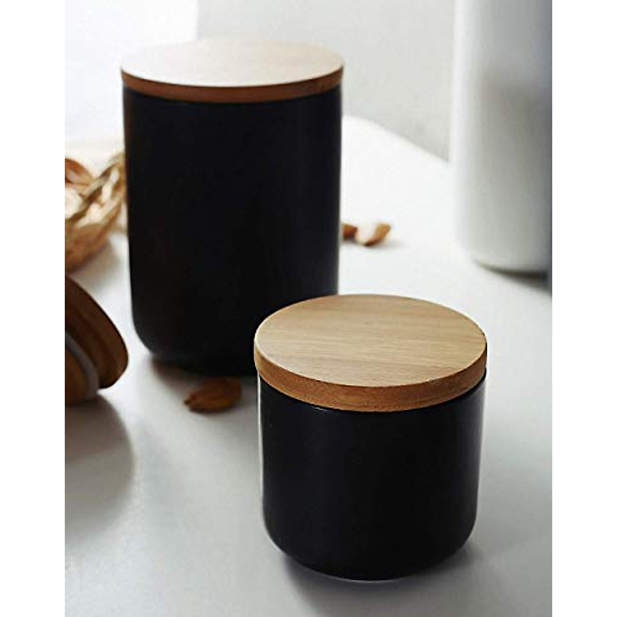 Pure Color Ceramic Sugar Bowl with Wooden Lid Sugar Dispenser Salt Pepper Storage Jar Pot Sugar Container Seasoning Pot Box Condiment Spice Racks Holder for Home Kitchen Black