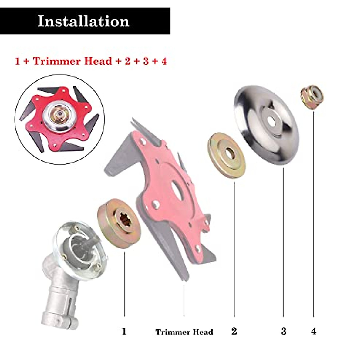 Universal 6 Teeth Trimmer Head, Blade Adapter Kit, 6 Steel Razors Trimmer Head, Thrust Plate Guard Washer, Thrust Washer, Rider Plate, Lock nut, Lawn Machine Parts Replacement Accessary