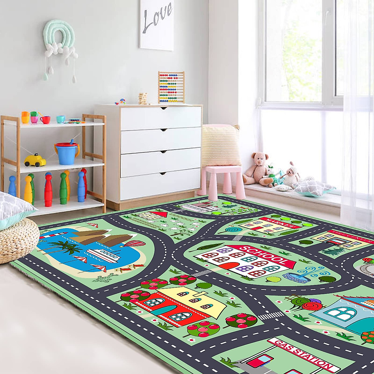 LTKOUGFAM kids Playmat Car Rug, Kids Play Rugs Town City Road Map Rug, Large Educational Kids Car Mat, Boys Kids Car Track Play Rug, Kids Rugs for Playroom Bedroom Living Room (Style 2, 78.7X 59 INCH)
