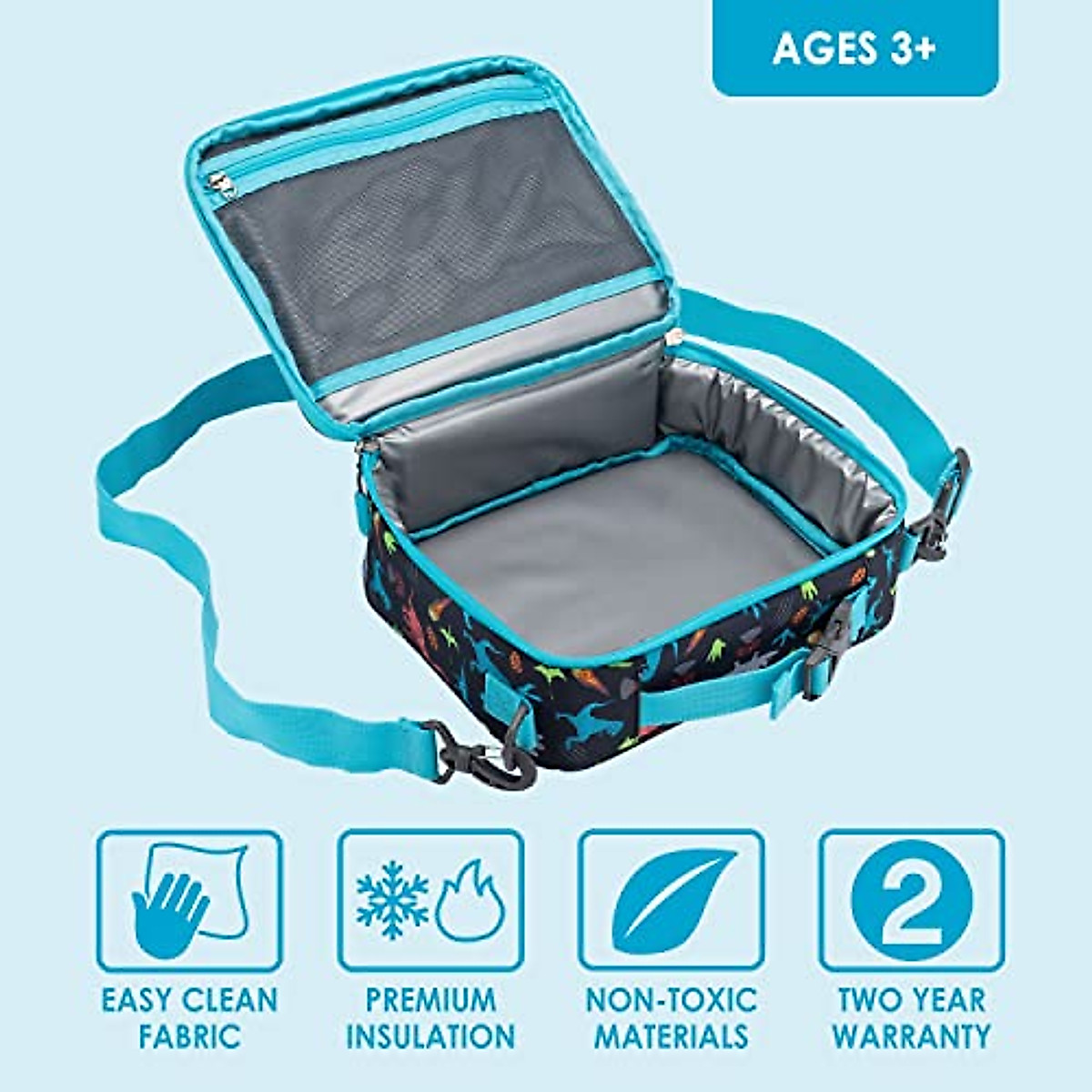 Bentgo® Kids Lunch Bag - Durable, Double Insulated, Water-Resistant Fabric, Interior & Exterior Zippered Pockets, Water Bottle Holder - Ideal for Children 3+ (Dinosaur)