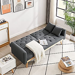 DKLGG Modern Futon Sofa Bed, Convertible Bed Folding Linen Fabric Sofa Bed Couch with Two Pillows, Adjustable Backrest Loveseat Couch Sofa, Sleeper Sofa Couch with Removable Armrests for Living Room
