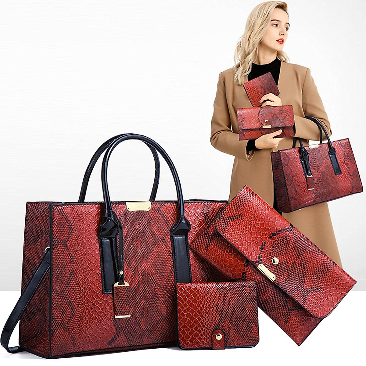 NC Snakeskin Pattern Female Bag Fashion Trend Diagonal Handbag Retro Large-Capacity Four-Piece Bag, Red