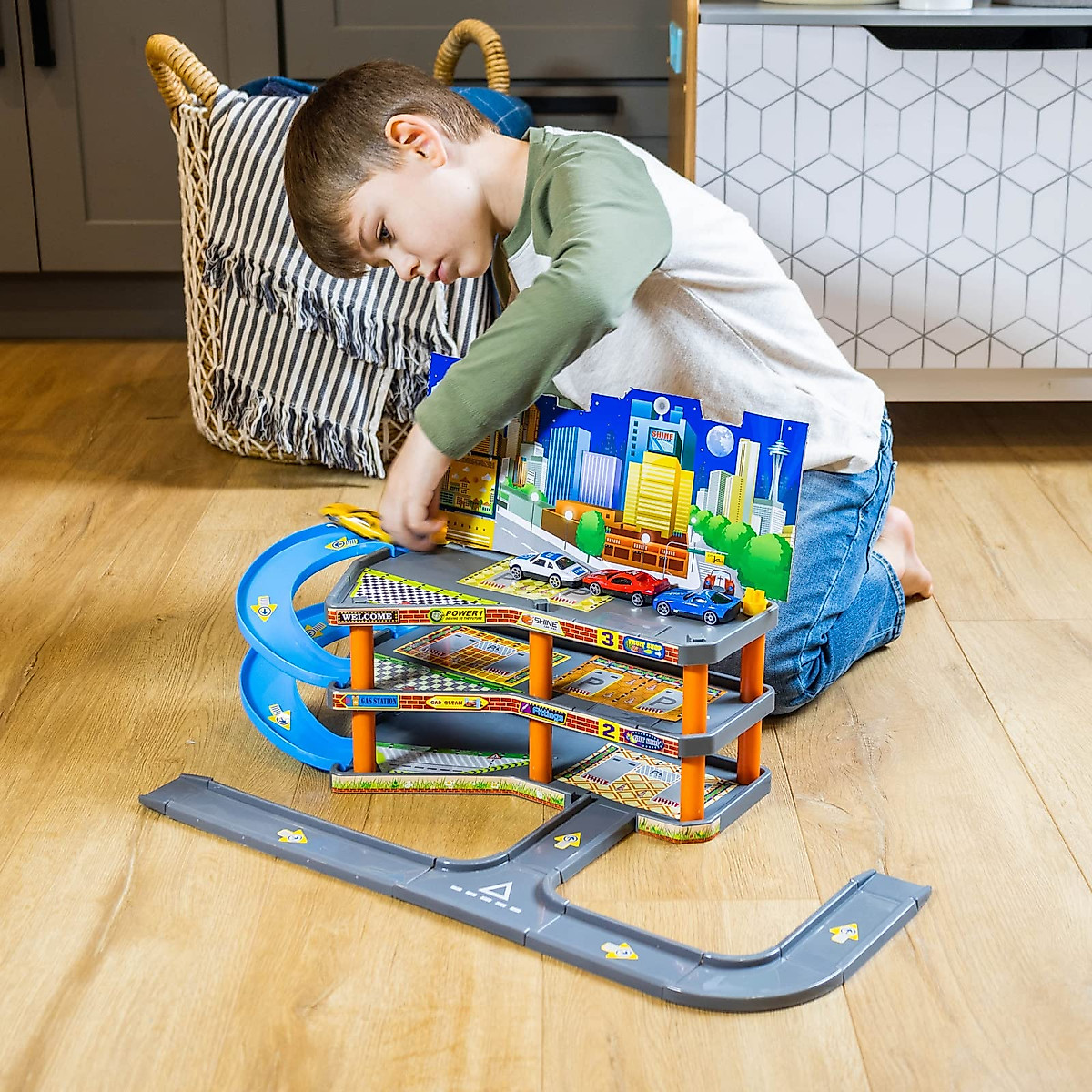 Kidplokio Ultimate Toy Car Garage Diecast Vehicle Playset with 4 Diecast Cars, Boys Ages 3+