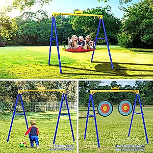 Yohood Swing Sets for Backyard, 440lbs Swing Set for Kids Outdoor,Saucer Swing Set with Heavy-Duty Metal Frame and Adjustable Ropes for Playground, Park, Swingset Outdoor for Kids(Blue)