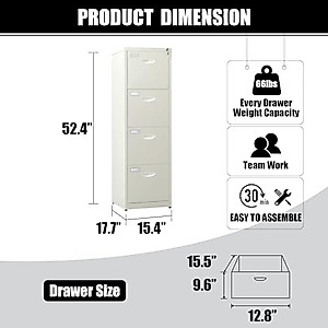 4 Drawer File Cabinet Vertical Filing Cabinets with Lock Metal File Cabinets Office Home Letter Size Steel Vertical File Cabinet for A4 Letter/Legal Size W15.7”x D18”x H53” Beige Assembly Required
