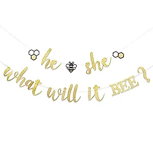 He She What Will It Bee - Golden Glitter Party Banner Decorations, Bee Gender Reveal Banner, Bee Theme Baby Shower, Baby Shower Shower Banner，golden Glitter Banner