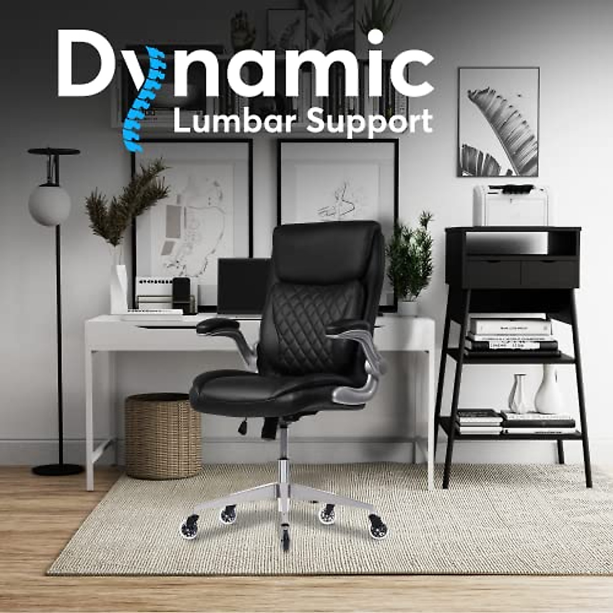 Oline Ergonomic Executive Office Chair - Rolling Home Desk PU Leather Chair with Adjustable Armrests, 3D Lumbar Support and Blade Wheels - Computer Gaming Swivel Chairs (Black)