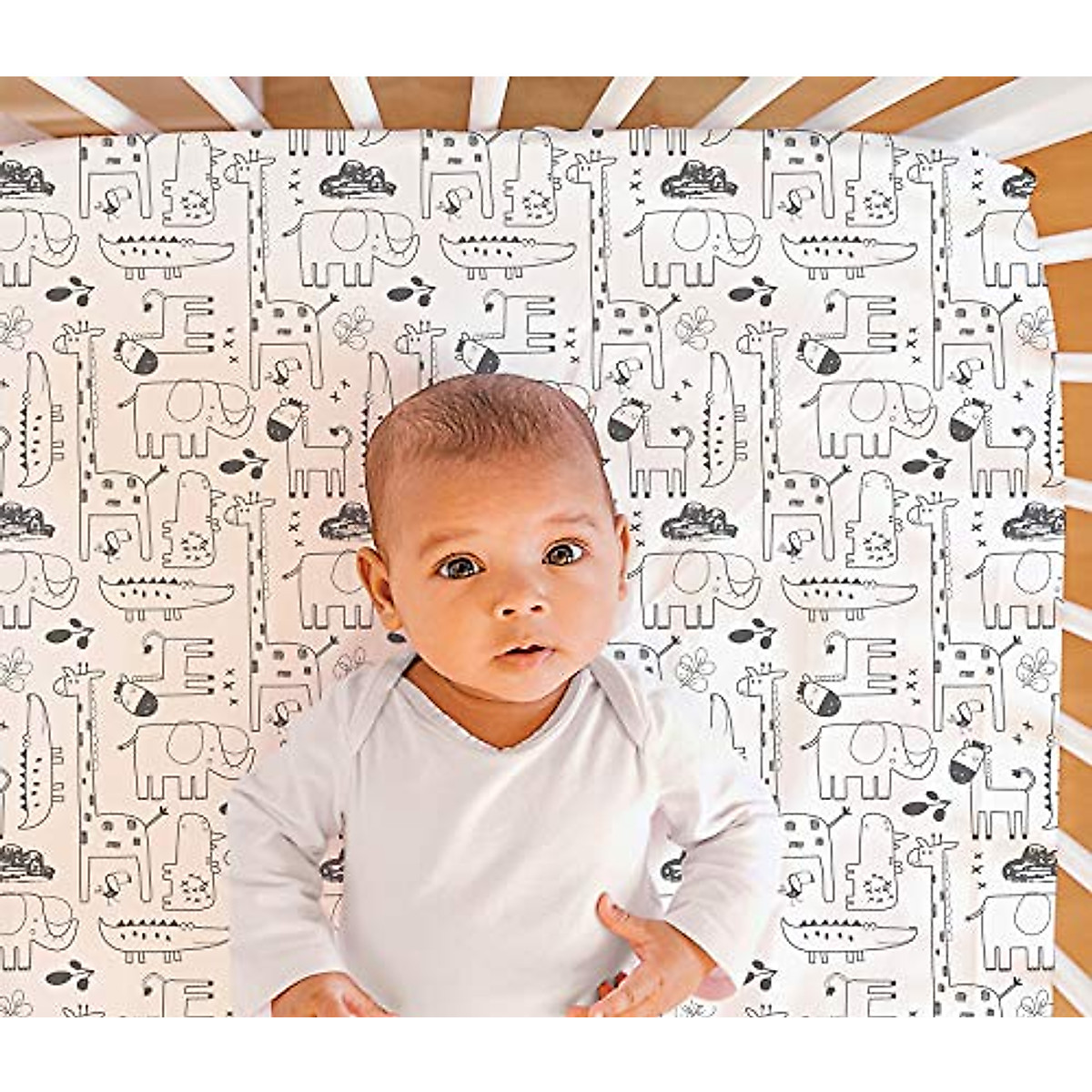 The Peanutshell Fitted Crib Sheet Set for Baby Boys or Girls | Zoo Animals and Tribal Stripes | Unisex 2 Pack Set