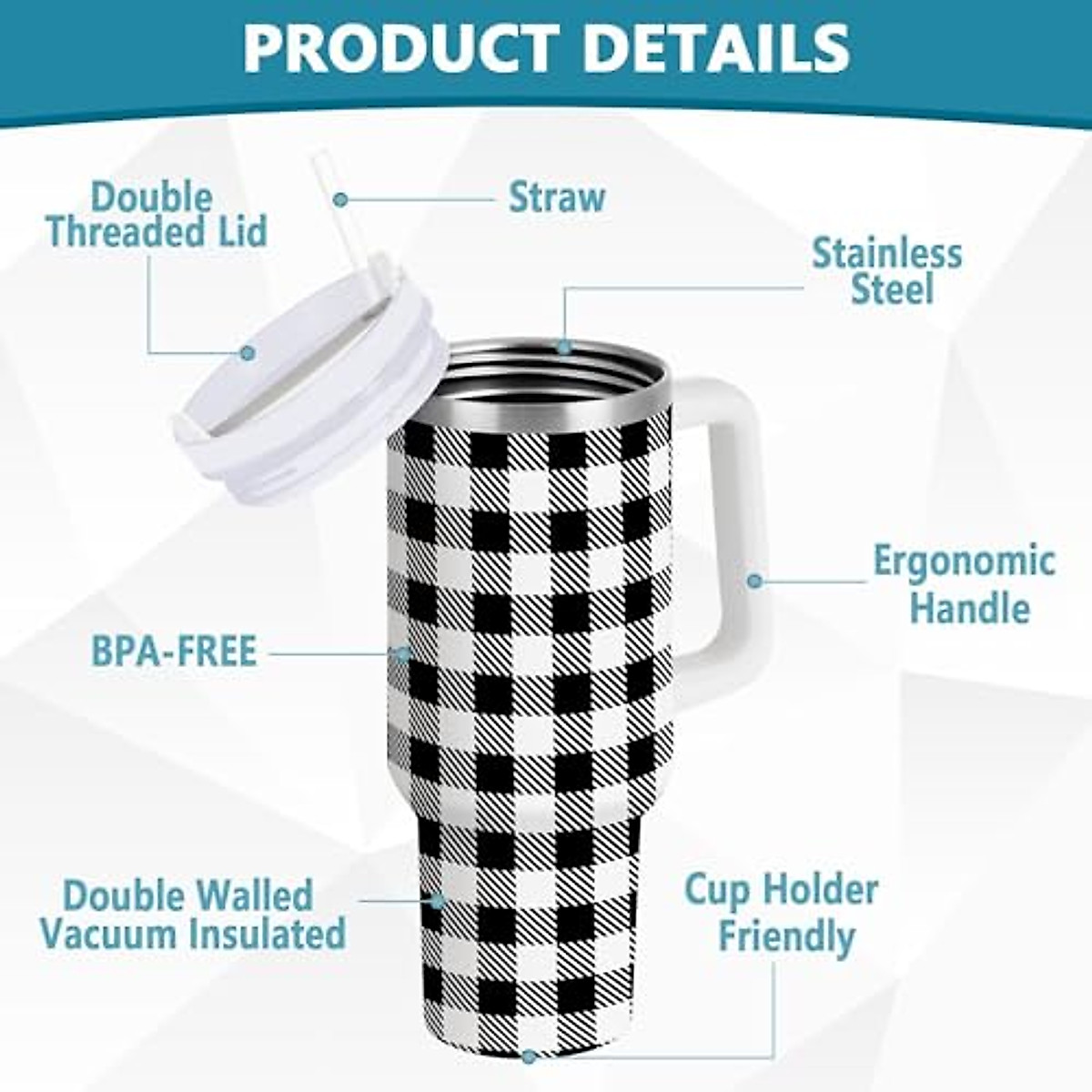 MCHIVER Black White Buffalo Plaid Tumbler with Lid and Straw 40 oz Insulated Water Bottle Leakproof Tumblers for Smoothie Coffee Water