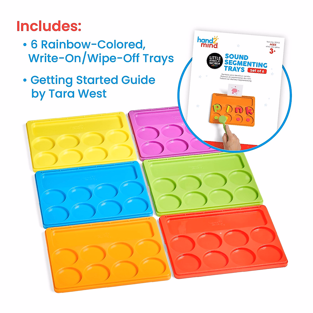hand2mind Little Minds at Work Sound Segmenting Trays by Tara West, Phonemic Awareness, Science of Reading Manipulatives, Elkonin Boxes, Letter Sounds, Preschool Learning Activities (Set of 6)