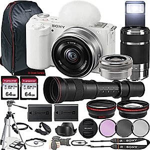 Sony ZV-E10 Mirrorless Camera (White) w/E PZ 16-50mm f/3.5-5.6 OSS Lens + E 55-210mm f/4.5-6.3 OSS Lens + 420-800mm f/8.3 HD Lens + 2X 64GB Memory, Case, Filters, Tripod, More (35pc Bundle)