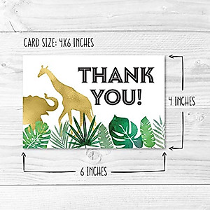 24 Safari Thank You Cards With Envelopes, Kids or Baby Shower Thank You Note, Jungle Greenery Gold 4x6 Varied Zoo Animal Giraffe Gratitude Card Pack For Party, Girl Boy Children Birthday Stationery