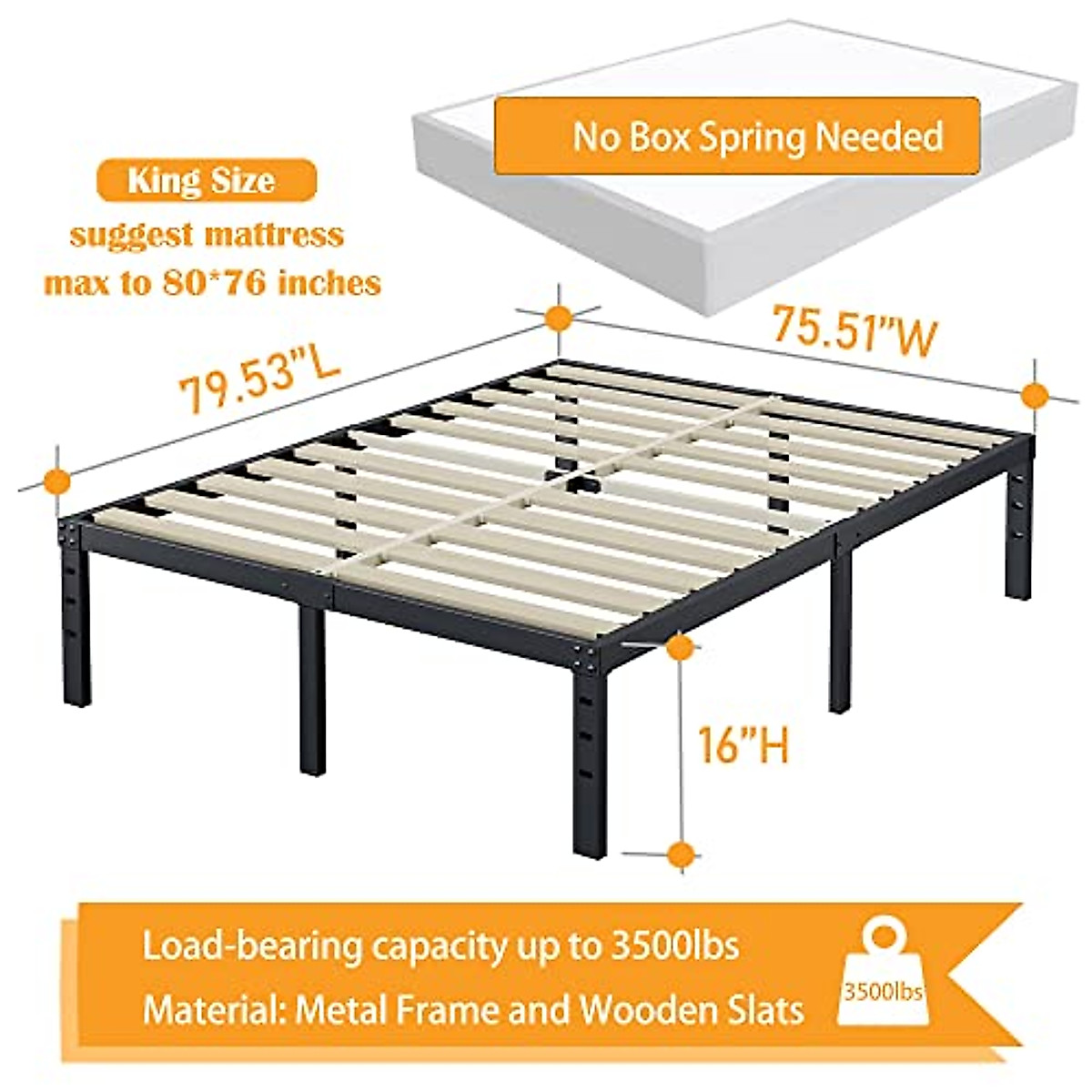 ZIYOO King Bed Frame 16 Inches Tall, 3 Inches Wide Wood Slats with 3500 Pounds Support, No Box Spring Needed for Foam Mattress, Underbed Storage Space, Easy Assembly, Noise Free-Black