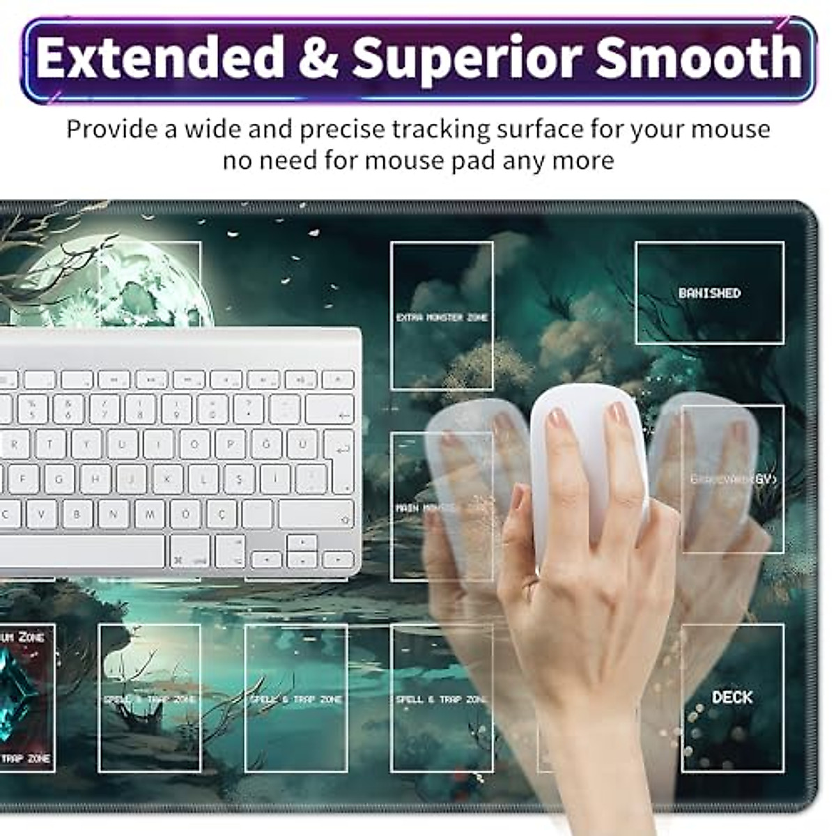 Playmat for OCG, Game Play Mat for TCG CCG 24 x 14 inch with Non-Slip Rubber Base and Stitched for Board Games and Table Magic, Moon and River at Night