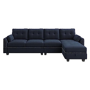 HONBAY Velvet Sectional Sofa L Shaped Couch Reversible Sectional Couch Sofa for Small Space,Dark Blue