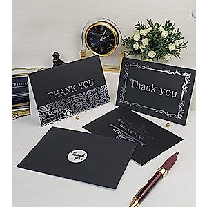 120 Elegant Thank You Cards in Black with Matching Black Envelopes and Sealing Stickers - Thick Quality Cardstock 6 Designs Bulk Notes Embossed with Silver Foil Letters, 4x6 Inches Folded