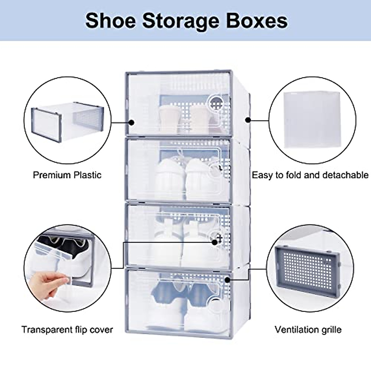 MecTo Shoe Organizer 12 Pack Clear Plastic Shoe Storage Foldable Stackable Closet Shoe Organizer Front Opening Shoe Storage Boxes Space Saving Sneaker Shoe Organizer for Closet Bedroom Multi-use