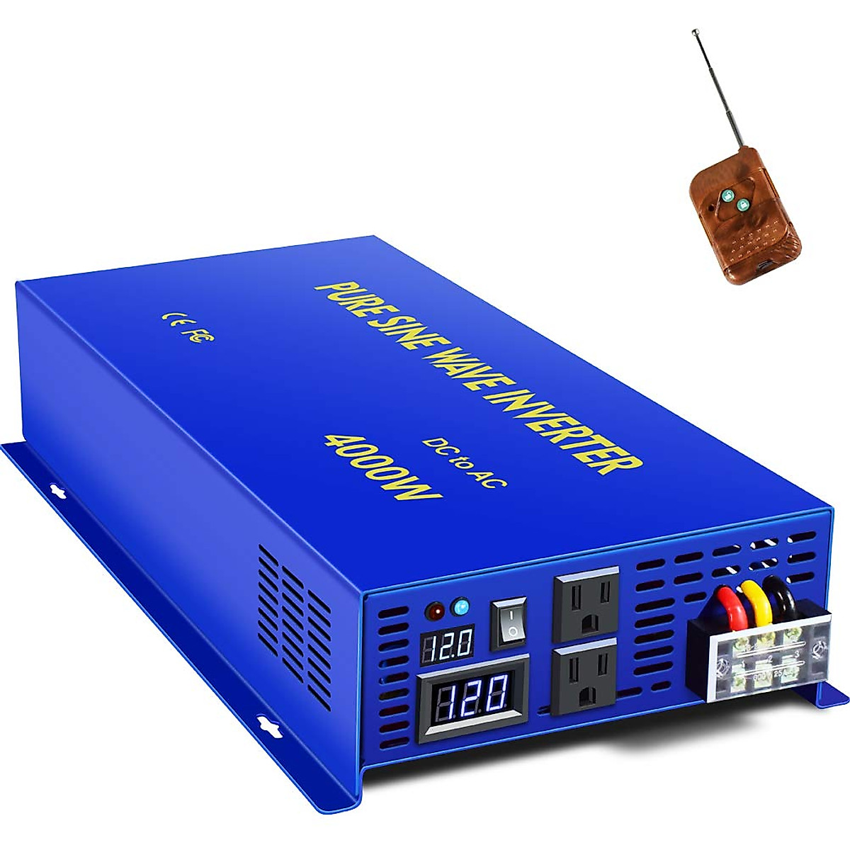 XYZ INVT 4000W Pure Sine Wave Inverter - 12V DC to 110V 120V AC Surge 8000 Watt Power Inverter Converter Generator w/ 100ft Wireless Remote Control for Solar System, Off Grid, RV.(4000W/12V)