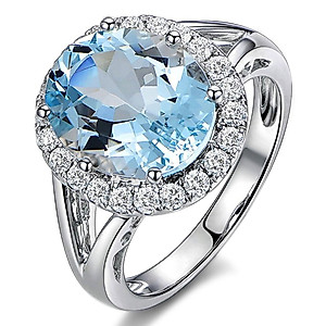 Fashion Natural Blue Aquamarine Gemstone Real Diamond Solid 14K White Gold for Women Lady Wedding Engagement Band Ring Set