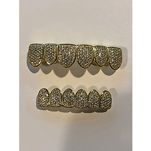 Solid 925 Sterling Silver Real Grillz - 14k Yellow Gold Plated - Iced CZ - Custom Top & Bottom Grills For Teeth - Real Solid Silver NOT BRASS