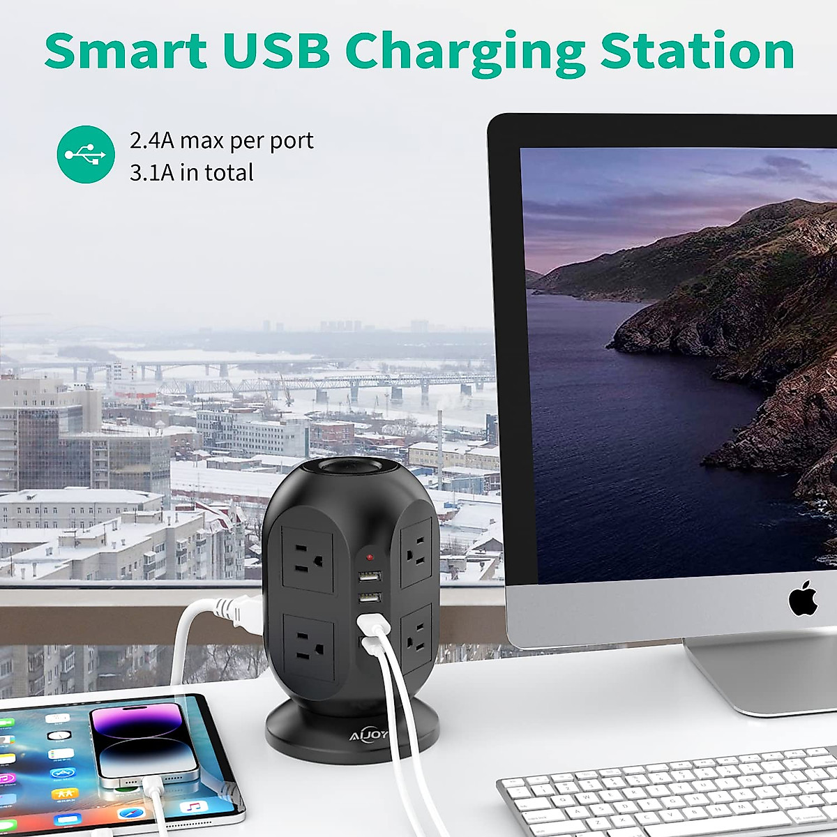 Power Strip Tower with USB Ports, AiJoy Surge Protector with 8 AC Outlets and 4 USB Ports, Fast Charging Station with Extension Cord 10FT, Office Supplies & Dorm Essentials