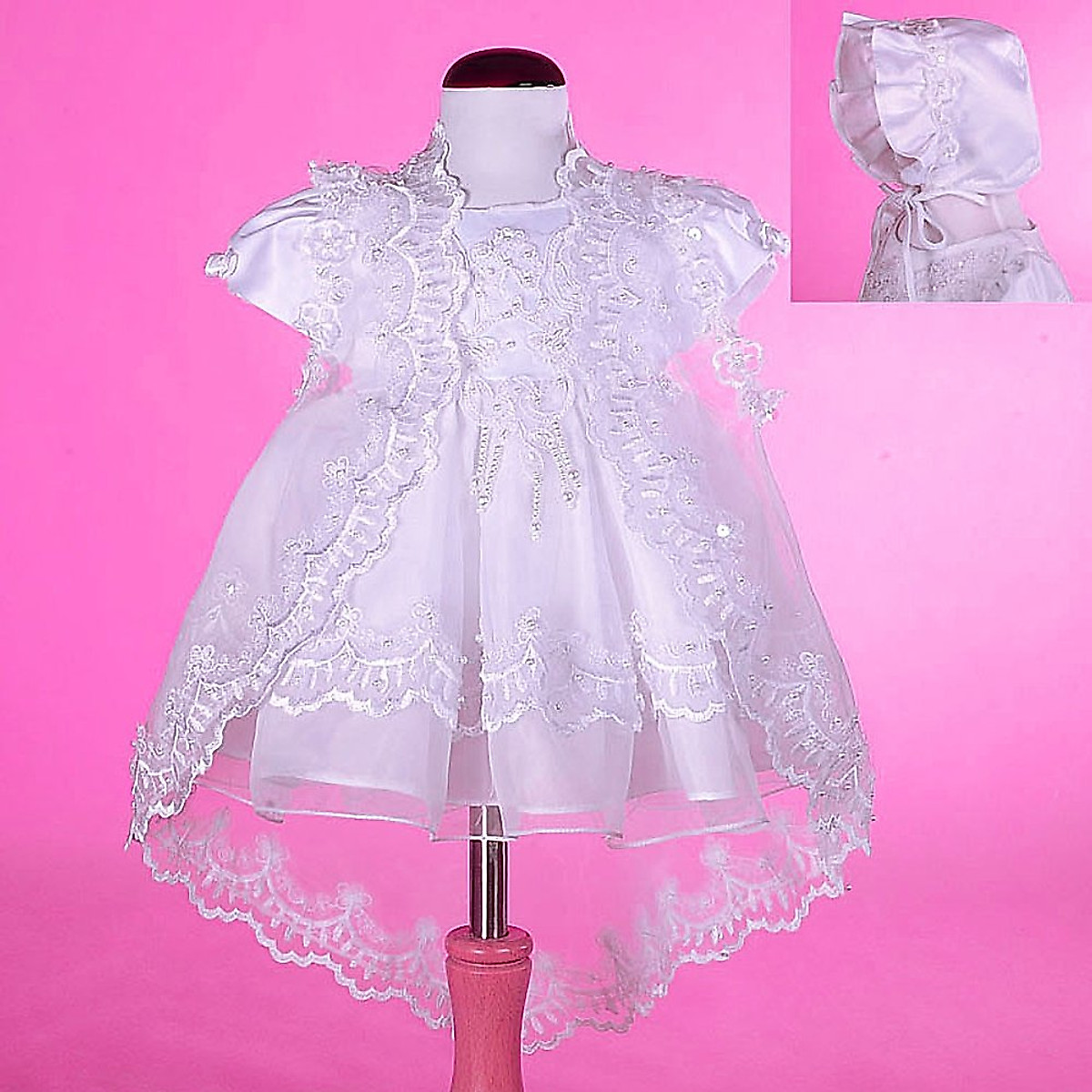 Dressy Daisy Baby Girls' Beaded Scalloped Embroideries Baptism Christening Gown Dress With Cape And Bonnet Infant Size 0-3 Months White