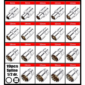 Spline Socket Set 1/2" Drive Universal Metric 8-32mm 12-point Cr-V Socket Set 19pcs