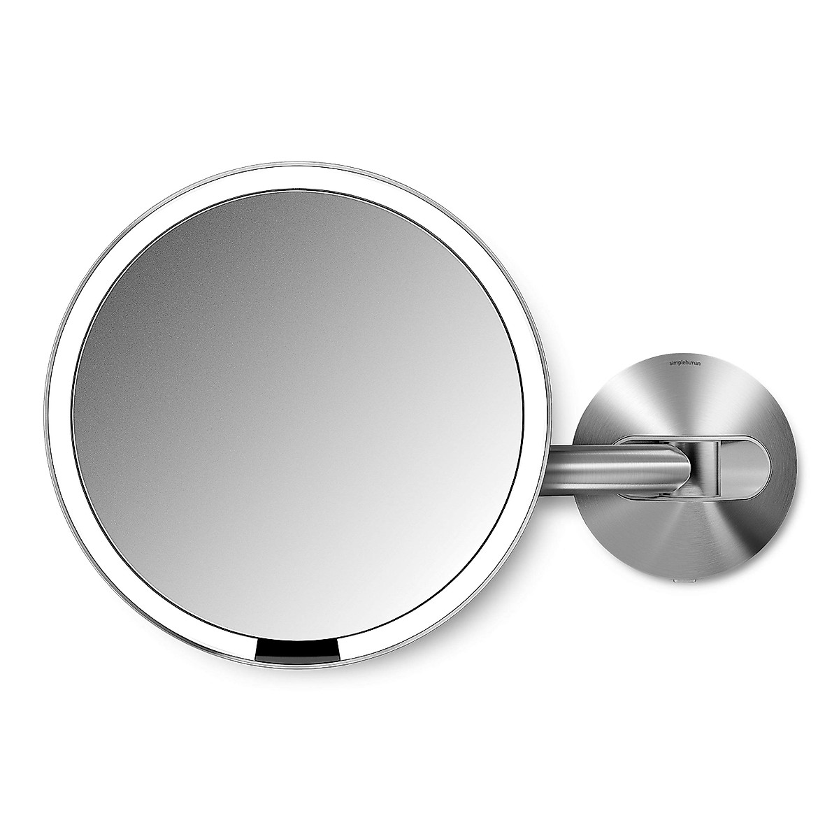 simplehuman, Brushed 8" Round Wall Mount Sensor Makeup Mirror, 5x Magnification, Hard-Wired (100-240v), Stainless Steel, 8"