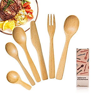 Wooden Spoon for Eating, Fork and Knife Set(6 pcs), Salad Spoon, Spreader Knife, serving spoon, Small Scoops for Canisters, Coffee Spoon, Portable Travel Tableware, Natural Wood Cutlery Set Reusable