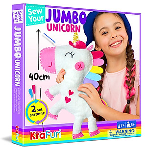 KRAFUN Big Jumbo Unicorn Animal Sewing Kit for Age 7-12 Kids Beginner My First Art & Craft, Includes 1 Stuffed Doll with Accessories, Instructions & Plush Felt Materials for Embroidery