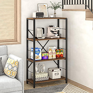 FOLUBAN Modern Bookshelf, 4 Tier Open Display Storage Book Shelf Organizer, Industrial Metal and Wood Bookshelves and Bookcases for Living Room Bedroom Office, Rustic Walnut