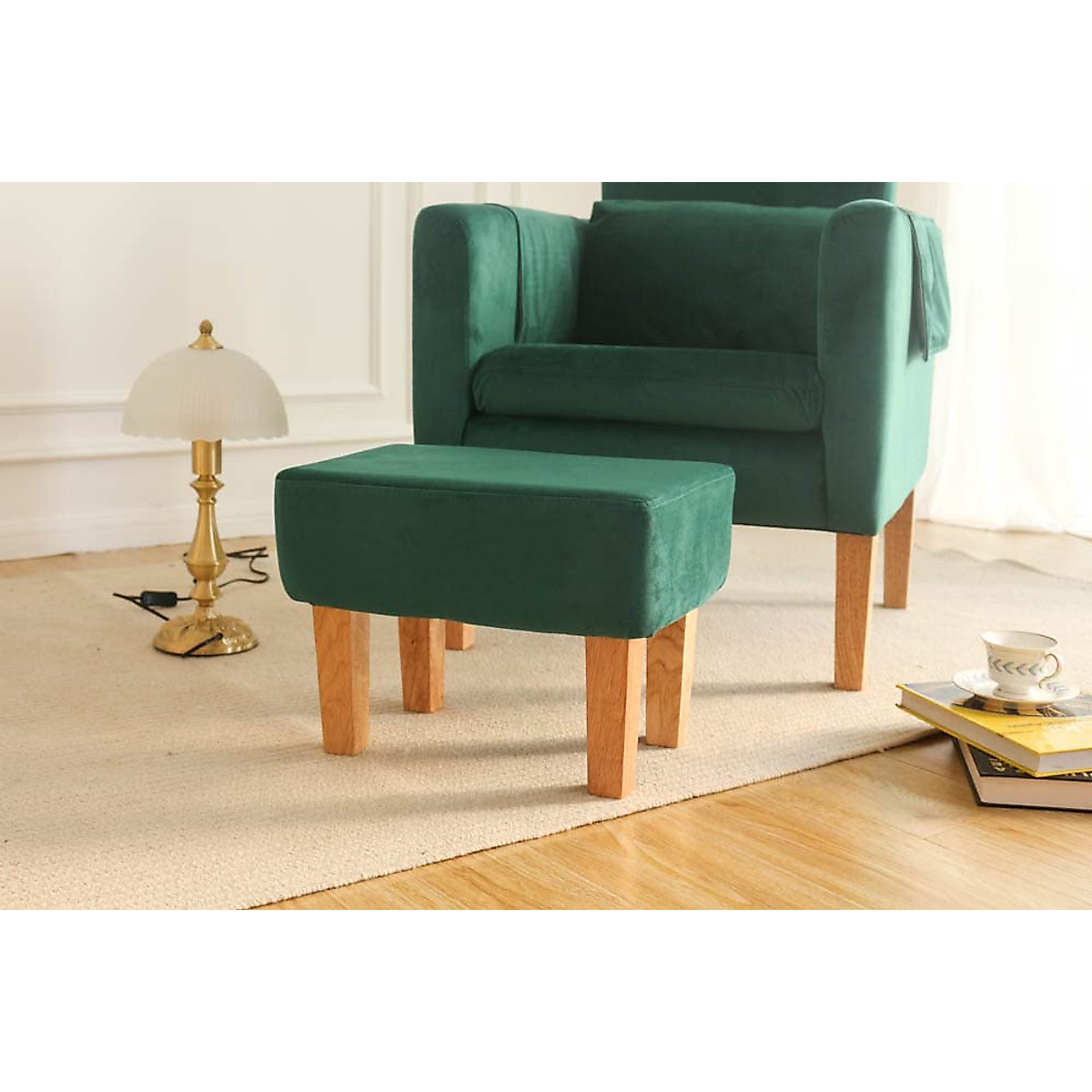 TAKUKA Modern Accent Velvet green Chair Upholstered Armchair with Ottoman Fabric Armchair and Footrest Set Comfy Reading Single Sofa for Living Room Bedroom (Velvet green)