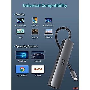 USB C Hub, uni 5-in-1 USB C to Ethernet Adapter Hub with 4K USB C to HDMI, 1Gbps Gigabit Ethernet Port, 3 USB 3.0 Ports (Aluminum Shell, Nylon Braided Cord) for MacBook Pro, iPad Pro, XPS and More