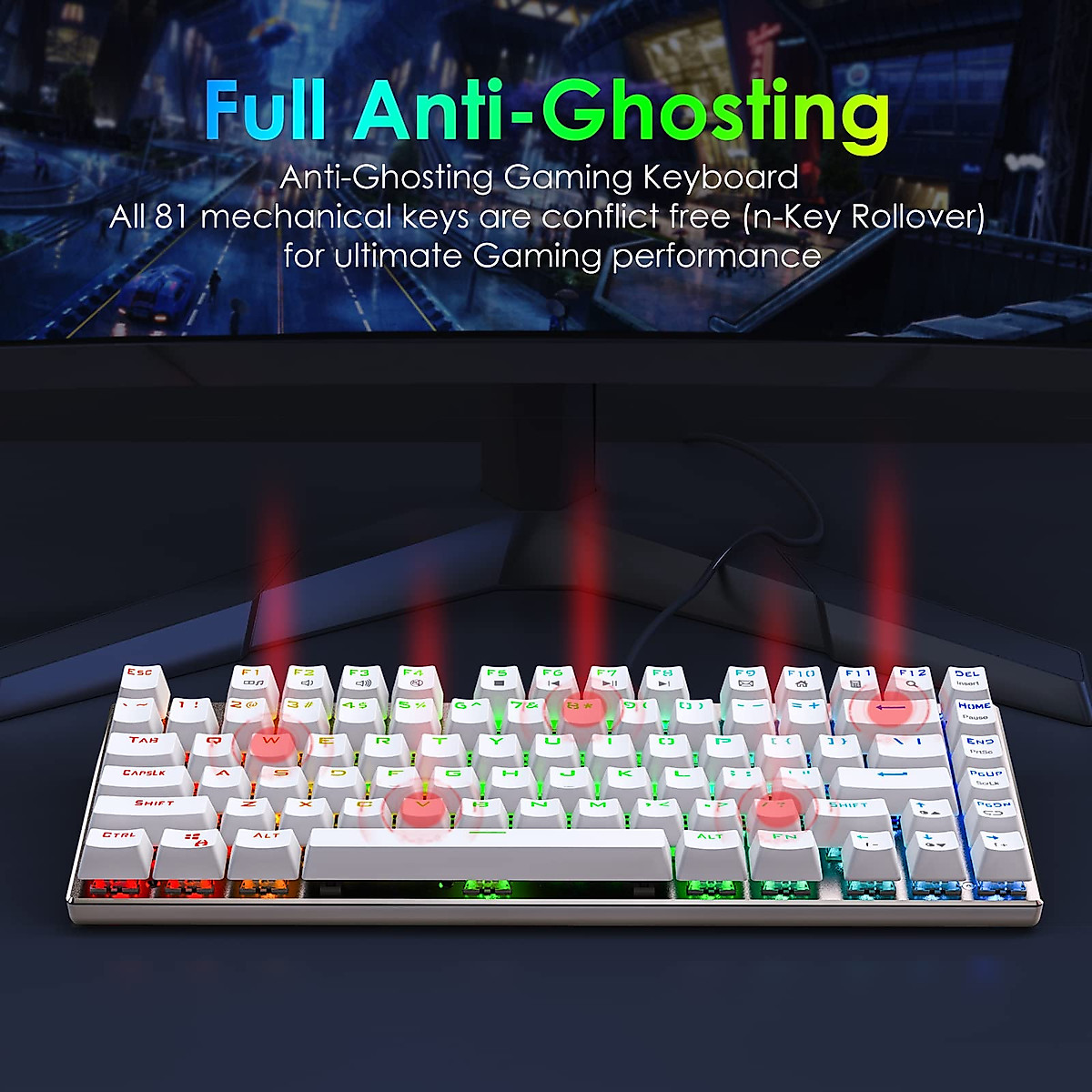 HUO JI E-Yooso Z-88 RGB Mechanical Gaming Keyboard, Metal Panel, Blue Switches - Clicky, Compact 81 Keys Hot Swappable for Mac, PC, Silver and White