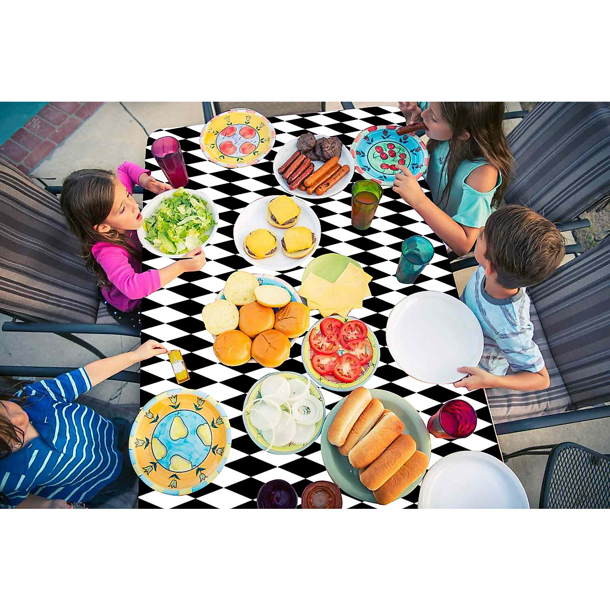 3pcs Black White Checkered Tablecloths, Rectangle Plastic Gingham Table Cover 54x108in for Halloween Harlequin Collection Wonderland Party Tea Party Supplies for Camping Picnic Wedding Birthday Party