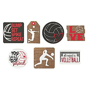 6 Pieces Volleyball Tiered Tray Decorations, Happy Volleyball Sport Wooden Signs Items Decor, Rustic Farmhouse Tray Sets for Kitchen Home Table Mini Decor Volleyball Themed Game Contest Party Supplies