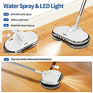 Cordless Electric Mop for Floor Cleaning, AlfaBot WS-24 Electric Spin Mop with Water Sprayer and LED Headlight, Lightweight & Rechargeable Scrubber for Hardwood Tile & Laminate Floors