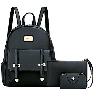 KKXIU 3pcs Fashion Small Synthetic Leather Backpack Purse Cute Mini Bookbag for Women and Girls (Black)