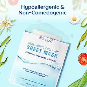 Ebanel 15 Pack Collagen Peptide Hydrating Face Masks, Instant Brightening Firming Anti Aging Face Sheet Masks, Moisturizing Spa Face Masks Skincare with Hyaluronic Acid, Vitamin C, Chamomile, Aloe