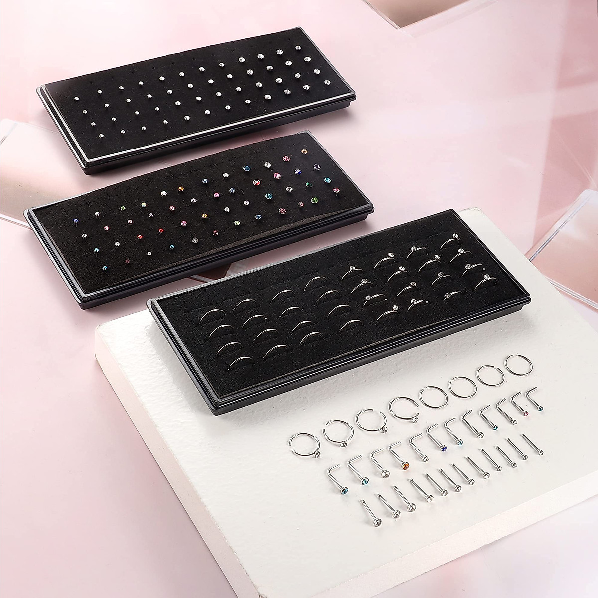 Ubjuliwa 160pcs 20G-22G 1.5mm 2mm 2.5mm Nose Studs Stainless Steel Nose Rings Studs Crystal Rhinestone Stud Nose Rings for Women Nose Piercing Jewelry