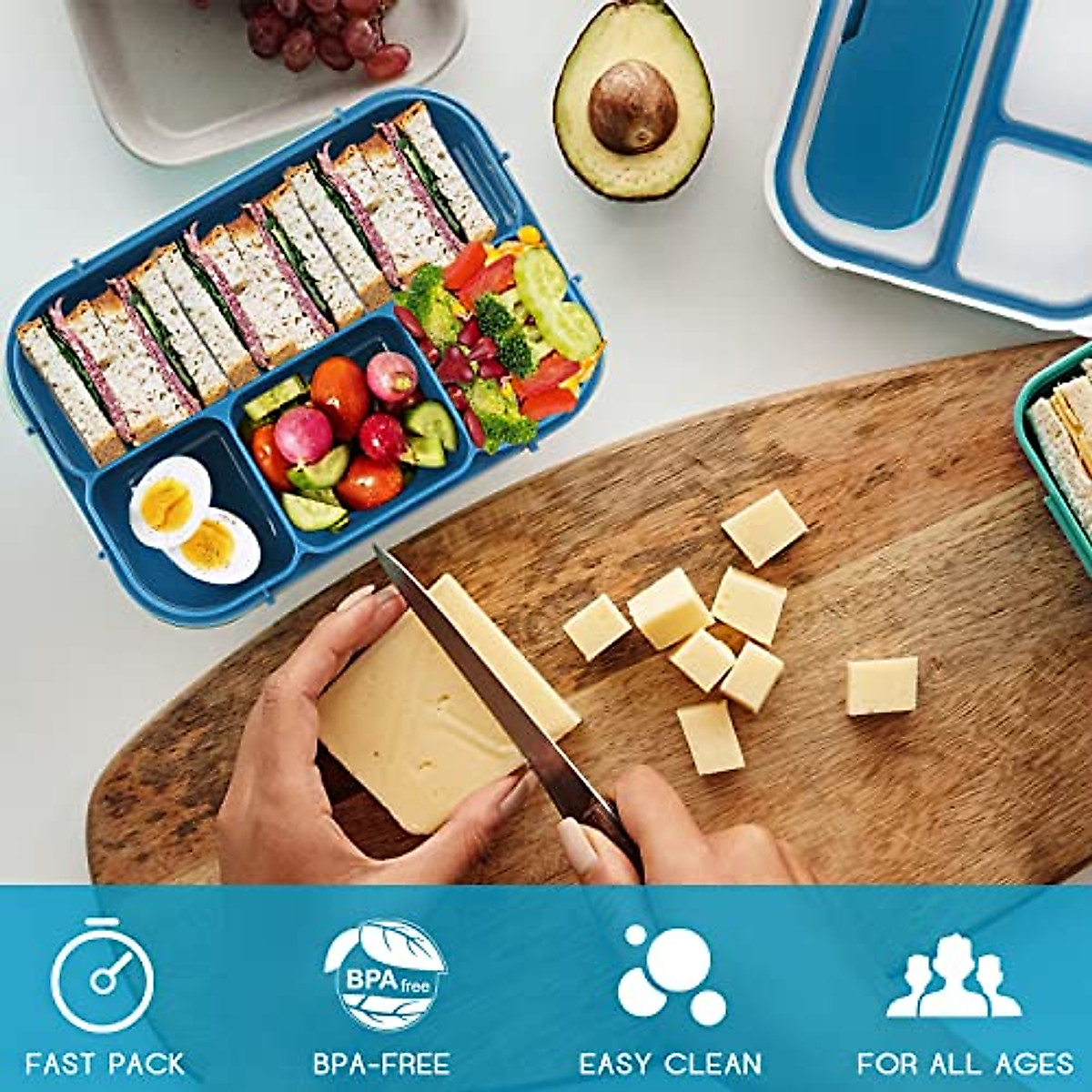 Lunch Box Kids, Bento Box Adult Lunch Box, Lunch Containers for Adults Kids Toddler, 1300ML-4 Compartment Bento Lunch Box w/ Food Picks Cake Cups, Microwave/Dishwasher/Freezer Safe, BPA Free (Blue)